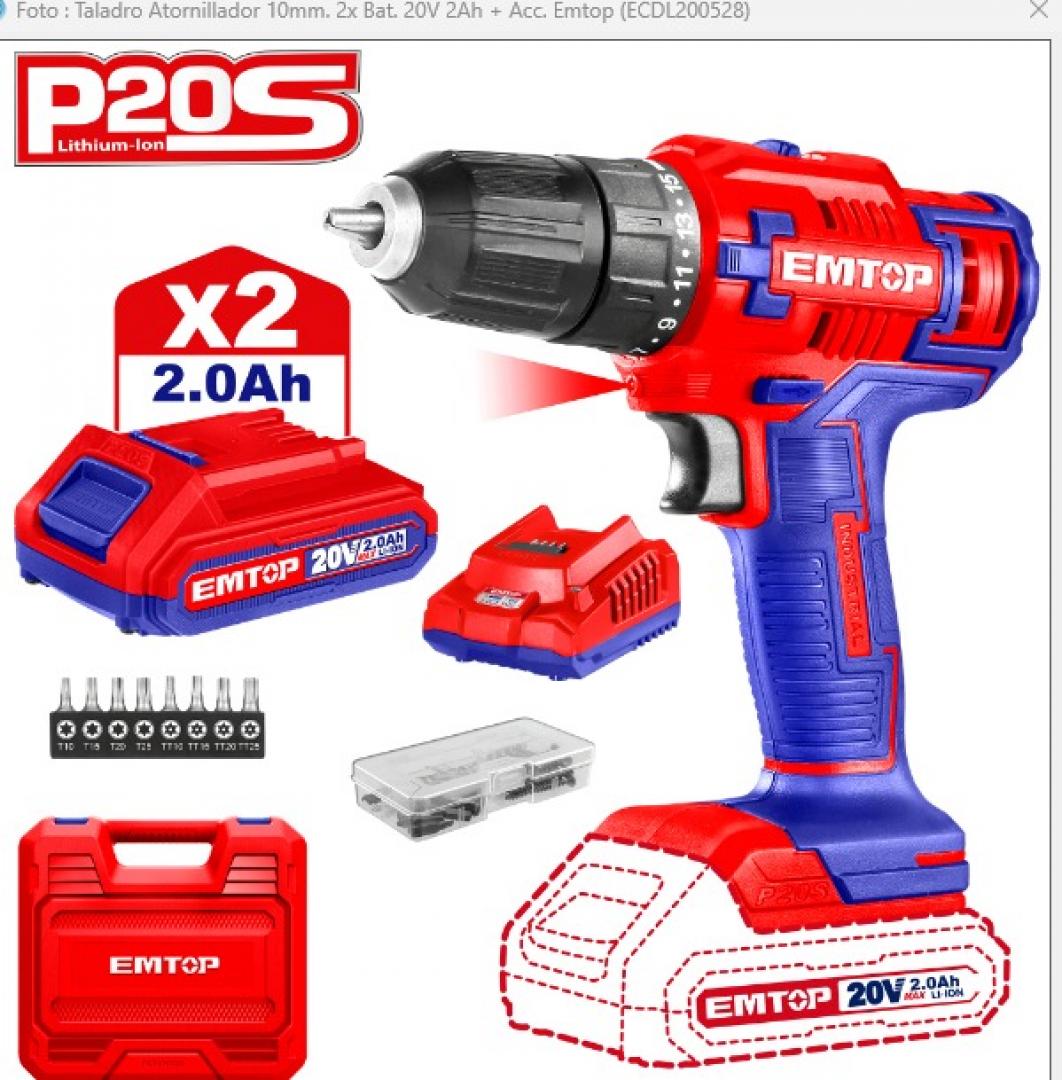 Taladro Atornillador Emtop 10mm 2x Bat 20v 2Ah + Acc Emtop | Envios a ...